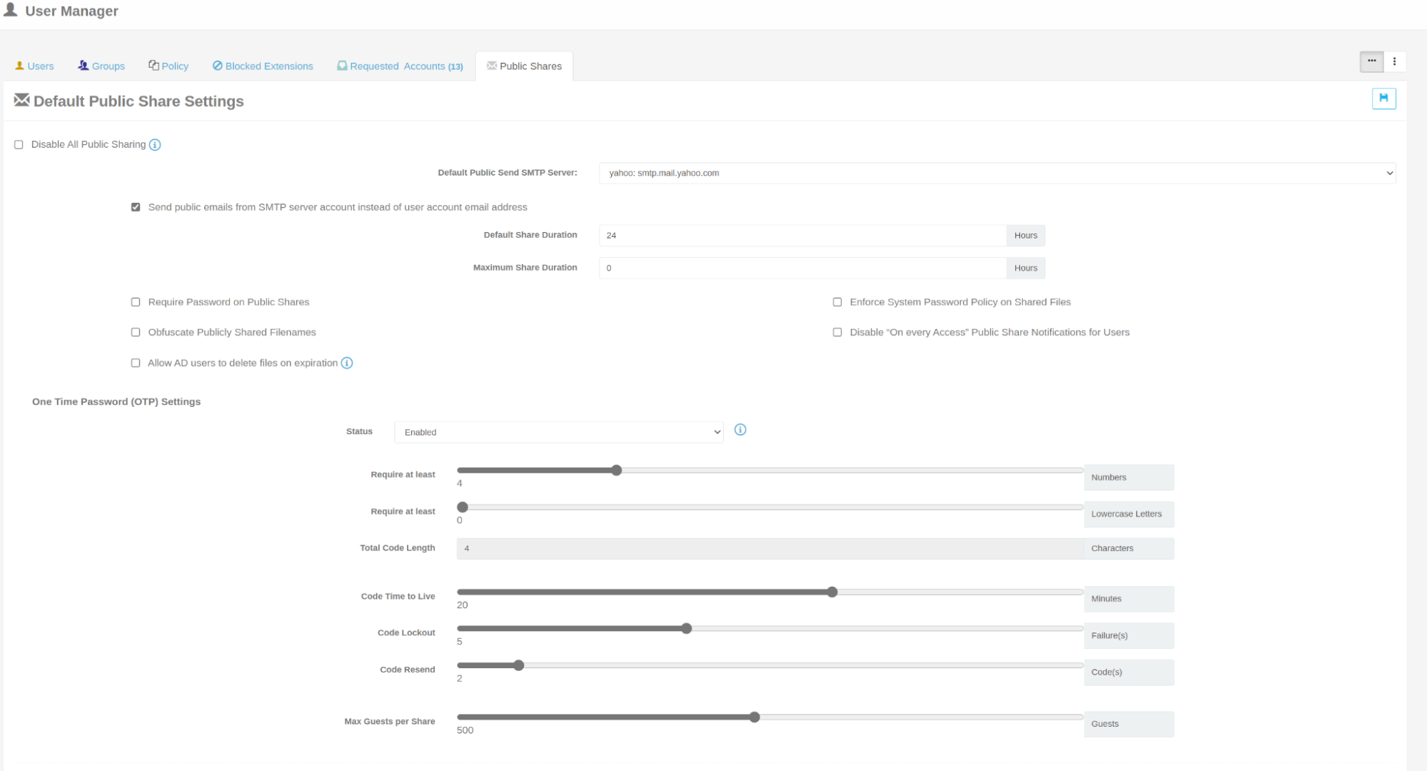 Public Share Settings – Cerberus Support