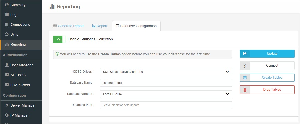 Report Database Settings – Cerberus Support