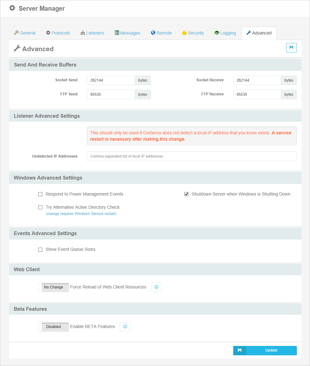 Advanced Settings – Cerberus Support